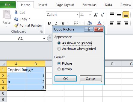Windows Excel Pasting As Picture Without Gridlines Without