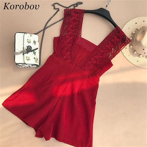 Summer New Lace Patchwork Sexy Bodysuit Slim V Neck Casual Jumpsuit