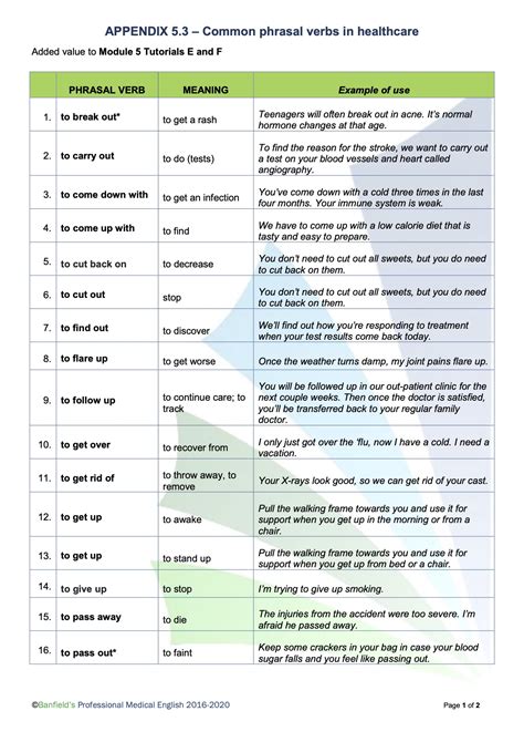 Appendix Common Phrasal Verbs In Healthcare Banfield S Professional Medical English