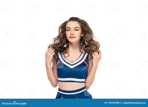 Happy Cheerleader Girl In Blue Uniform Touching Hair Isolated On White Stock Photo Image Of