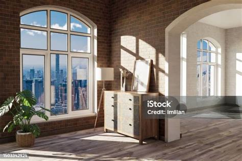 아치형 창문과 미니멀한 인테리어 거실 디자인을 갖춘 고급스러운 로프트 아파트 3d 일러스트레이션 0명에 대한 스톡 사진 및 기타 이미지 Istock