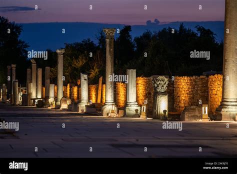 Evening View Of The Columned Street In The Ancient City Of Ephesus In