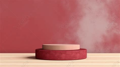 자연스럽고 미니멀한 배경을 갖춘 나무 원통형 연단에 있는 멋진 마룬 레드 3d 제품 디스플레이 연단 배경 제품 디스플레이