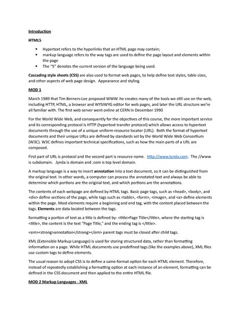 C779 Notes Introduction Html Hypertext Refers To The Hyperlinks That