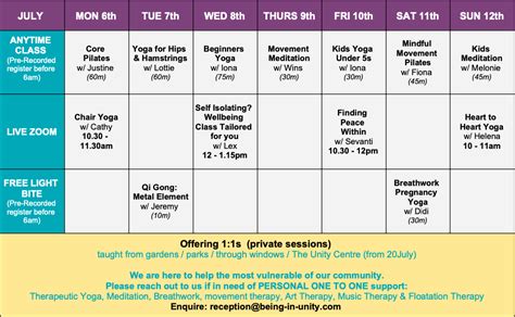 Unity Classes Timetable From 6 July 2020 The Unity Centre Spa