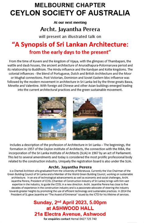 Cs Melbourne Next Meeting Sunday 2 April 2023 A Synopsis Of Sri Lankan Architecture