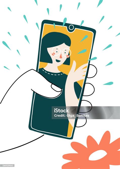 화면에 여자 친구와 스마트 폰을 들고 남성 손 사랑하는 사람과 화상 통화 손가락 터치 스크린 웹 사이트 및 배너 디자인에 대한 벡터 그림 20 29세에 대한 스톡 벡터 아트