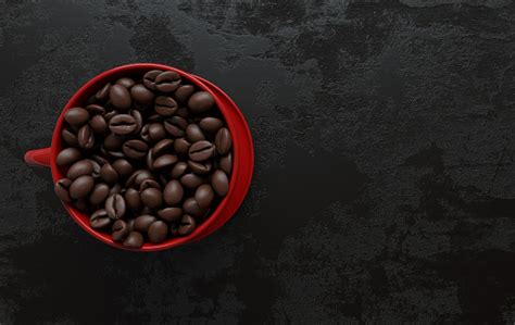 커피 한 잔과 사실적인 커피 콩 플랫 레이 3d 렌더링 배경 커피 콩의 질량을 닫습니다 0명에 대한 스톡 사진 및 기타 이미지 Istock