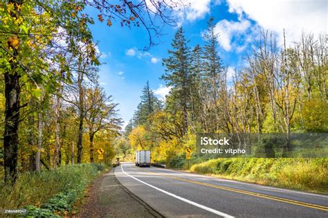 산업용 대형 장비 보닛 세미 트럭 건조 밴 세미 트레일러로화물을 운송하는 세미 트럭 가을 노랗게 변한 나무가 있는 좁은 고속도로 도로를 달리고 있습니다 0명에 대한 스톡