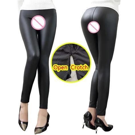 Y Ksek Bel Kad N A K Kas K PU Tayt Ince Crotchless Sweatpants Deri Uzun