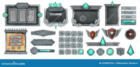 stone ui game set rock interface vector frame kit gray boulder tile