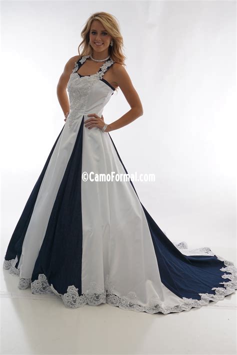 8890 White Satin And Denim Full Lace Insert Camouflage Prom Wedding
