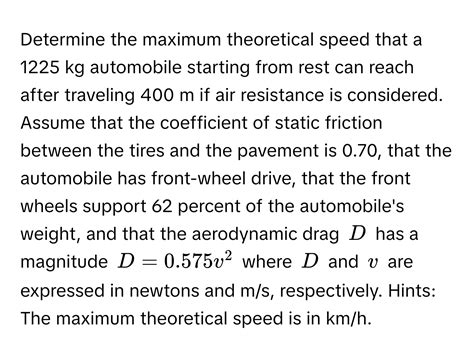 solved determine the maximum theoretical speed that a 1225 kg