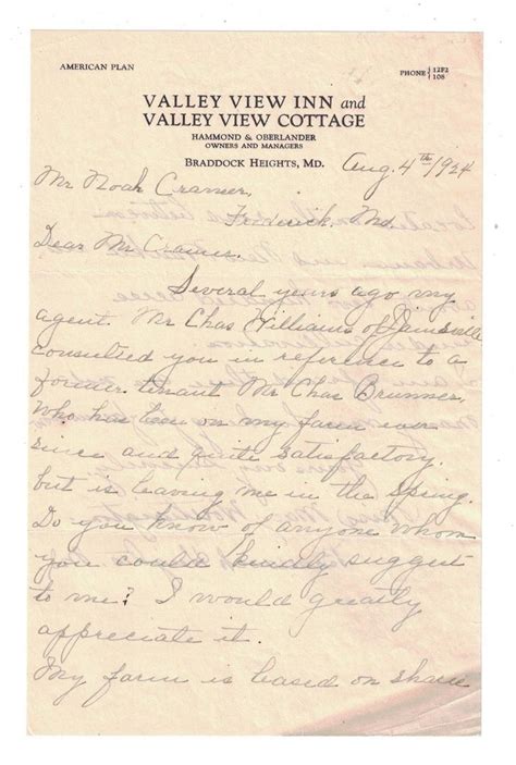 Letter Requesting Finding A Farmer For A Lady In Braddock Heights Md