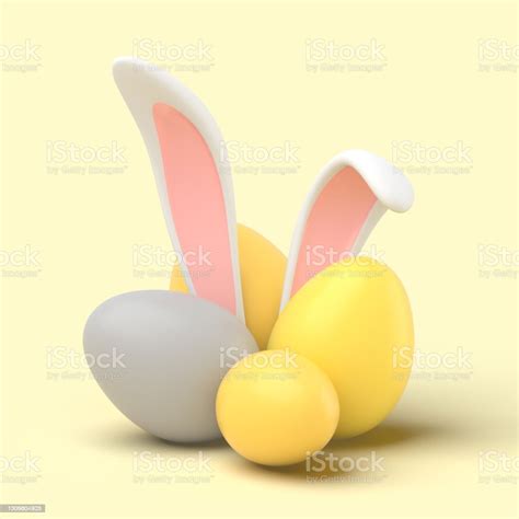 노란색 파스텔 배경 3d 일러스트에 계란에 숨어 3d 간단한 부활절 토끼 토끼 부활절 휴가 개념 토끼에 대한 스톡 사진 및 기타