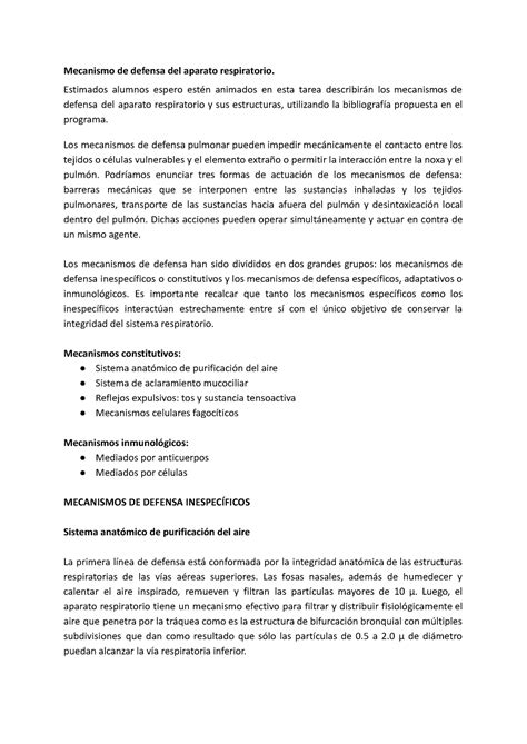 Mecanismo De Defensa Del Aparato Respiratorio Estimados Alumnos