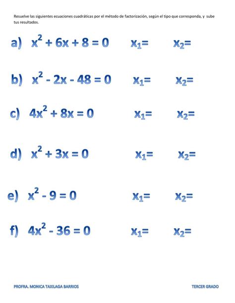 Ejercicio De Ecuaciones Cuadraticas Por Factorizacion Ecuaciones