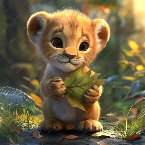 A Lion Cub Is Holding A Leaf That Says Lion Cub Premium Ai Generated