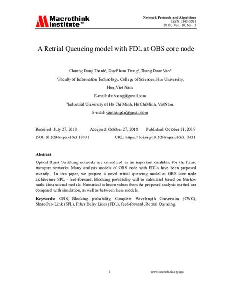 A Retrial Queueing Model With Fdl At Obs Core Node