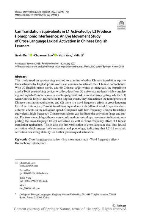 Can Translation Equivalents In L1 Activated By L2 Produce Homophonic Interference An Eye