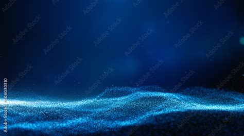 Digital Cyberspace Futuristic Blue Color Particles Wave Flowing With Bokeh And Light Lines And