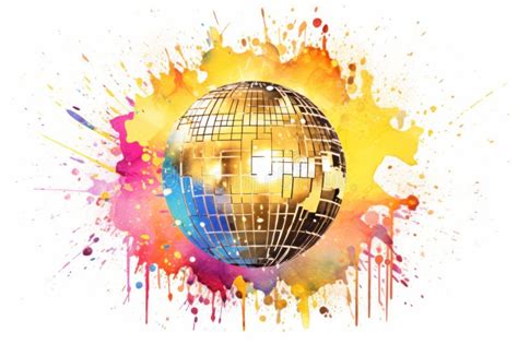 Watercolor Golden Neon Disco Ball With Aquarelle Splashes And Stains