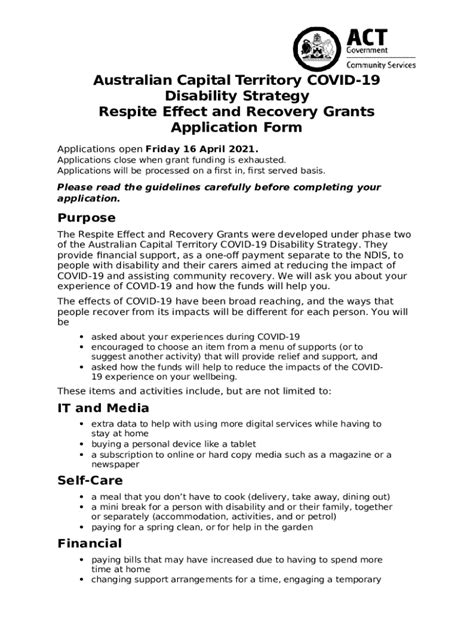 Respite And Recovery Grant Application Doc Template Pdffiller