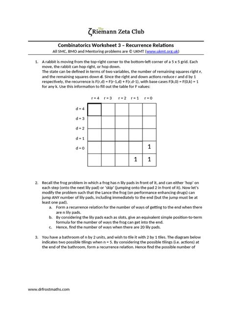 Rzc Combinatorics Worksheet3 Pdf Recurrence Relation Mathematical