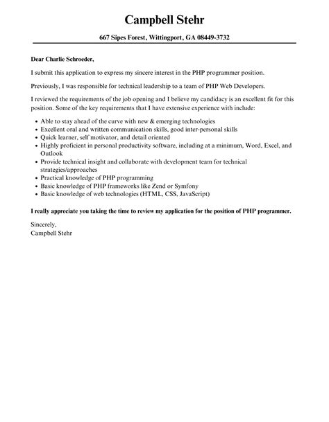 PHP Programmer Cover Letter Velvet Jobs