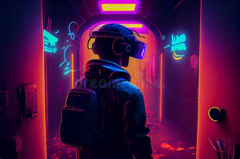 Futuristic Neon Man In Vr Glasses Generative Ai Generative Ai Stock