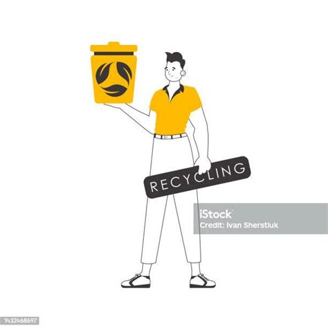 한 남자가 쓰레기통을 들고 있습니다 플라스틱과 폐기물을 재활용하는 개념 선화 트렌디 한 스타일 흰색 배경에 고립되어 있습니다 벡터 일러스트레이션 가방에 대한 스톡 벡터 아트