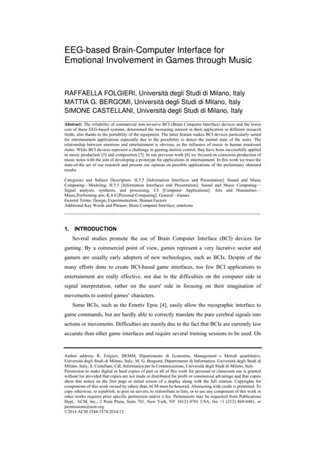 Pdf Eeg Based Brain Computer Interface For Emotional Involvement In Games Through Music