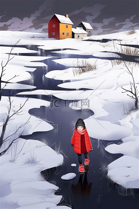 手绘冬天冰冻湖面女孩插画图片 千库网