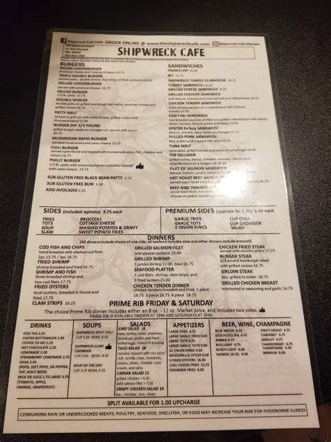 Menu At Shipwreck Cafe Olympia
