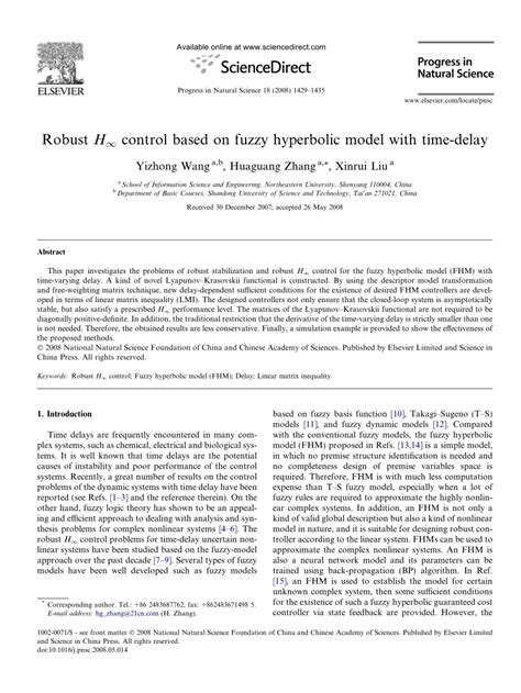 Pdf Robust H ∞ Control Based On Fuzzy Hyperbolic Model With Time Delay