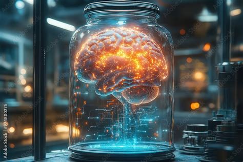Surreal Digital Artwork Of A Glowing Translucent Brain Suspended In A Futuristic Glass Jar With