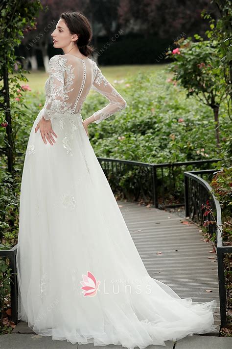 Sequinned Floral Lace Illusion Long Sleeve Wedding Gown Lunss