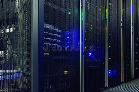 Stand With Server Hardware And Lighting In The Server Room Stock Image Image Of Communication