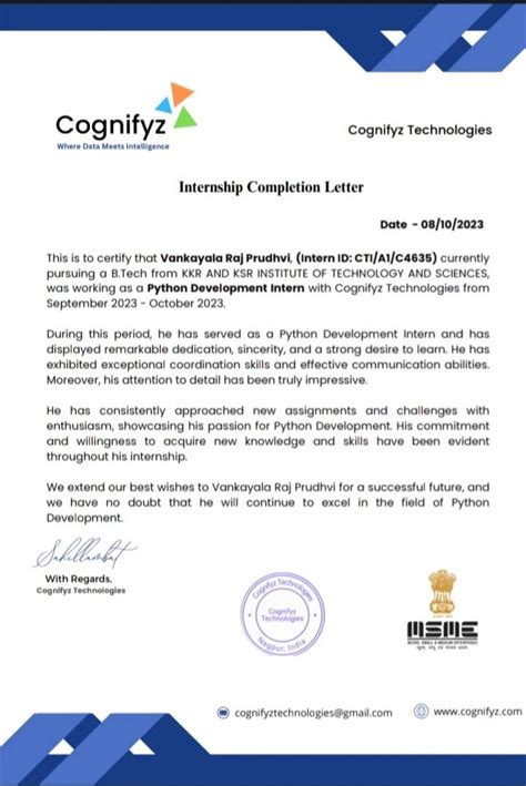 completed cognifyz internship in python raj prudhvi posted on the