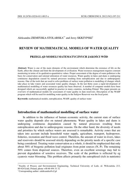 Pdf Review Of Mathematical Models Of Water Quality