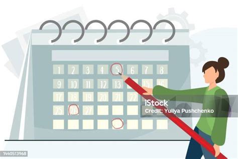 연필 계획 작업 하루의 표시된 날짜가 있는 달력 일정 약속 개념 사업 계획 또는 관리 개념 평면 벡터 일러스트레이션을 가진 사람 경영자에 대한 스톡 벡터 아트 및 기타