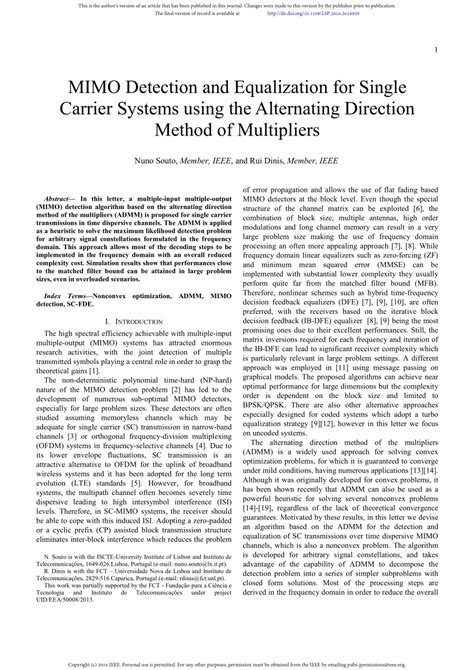 Pdf Mimo Detection And Equalization For Single Carrier Systems Using The Alternating Direction