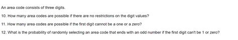 Solved An Area Code Consists Of Three Digits 10 How Ma