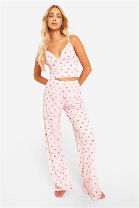 Nightwear Cherry Print Lace Trim Cami Top And Trousers Pyjama Set Boohoo