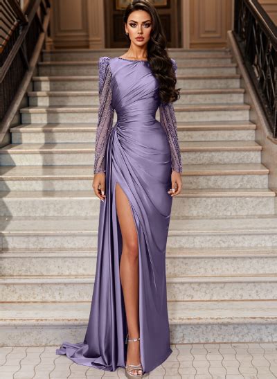 Sheath Column Illusion Neck Silk Like Satin Prom Dresses With High Split Missacc