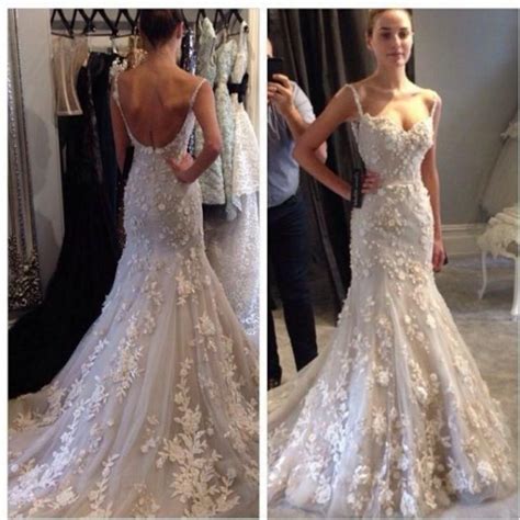 2015 Spring Wedding Dresses Spaghetti Backless Applique Chapel Train