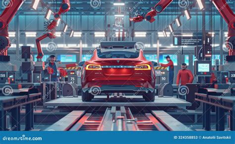 A Red Car Moves Along A Modern Automotive Assembly Line As Robotic Arms And Human Workers
