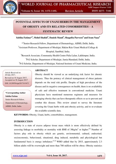 Pdf Potential Effects Of Unani Herbs In The Management Of Obesity And Its Related