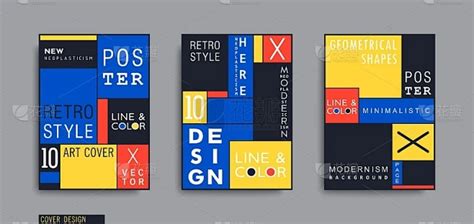 现代新塑主义风格的海报。蒙德里安风格的几何构图。向量横幅设计素材 花瓣网