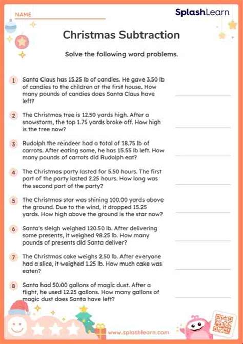 Subtract Decimal Numbers With Upto 2 Decimal Place Christmas Word Problems Worksheet